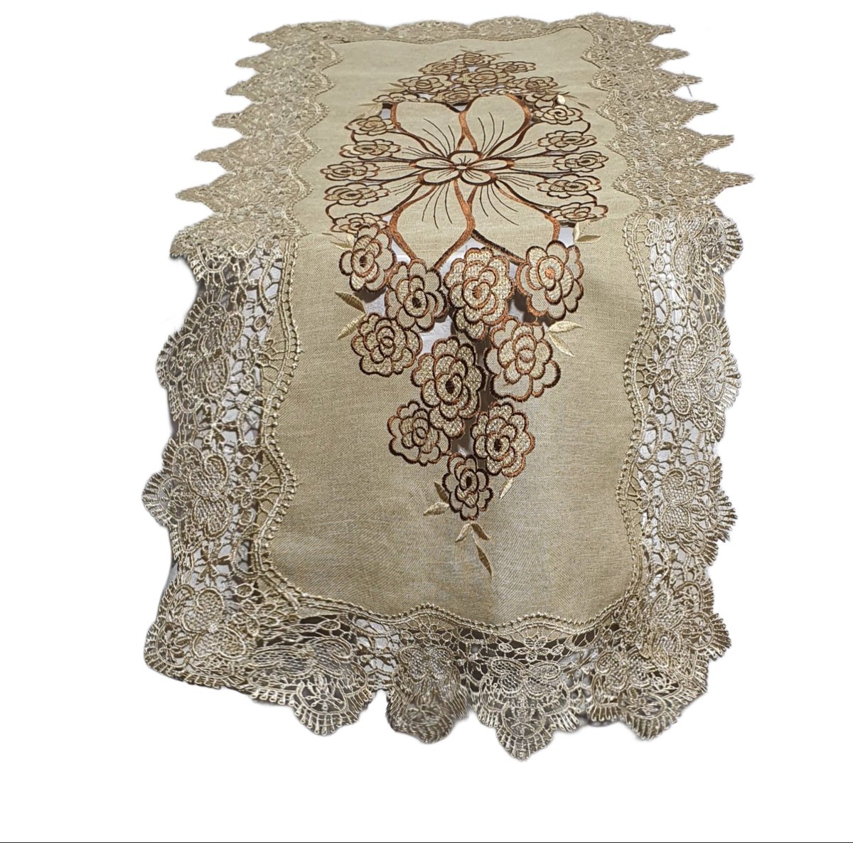 OB00325 Lniany Bieżnik z Haftem Obszyty Gipiurą 40x90 cm - DekorRacje ...