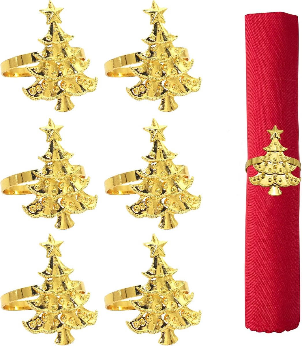 Obrączki na serwetki w kształcie choinki, zestaw 6 złotych obrączek na serwetki z klamrami ...