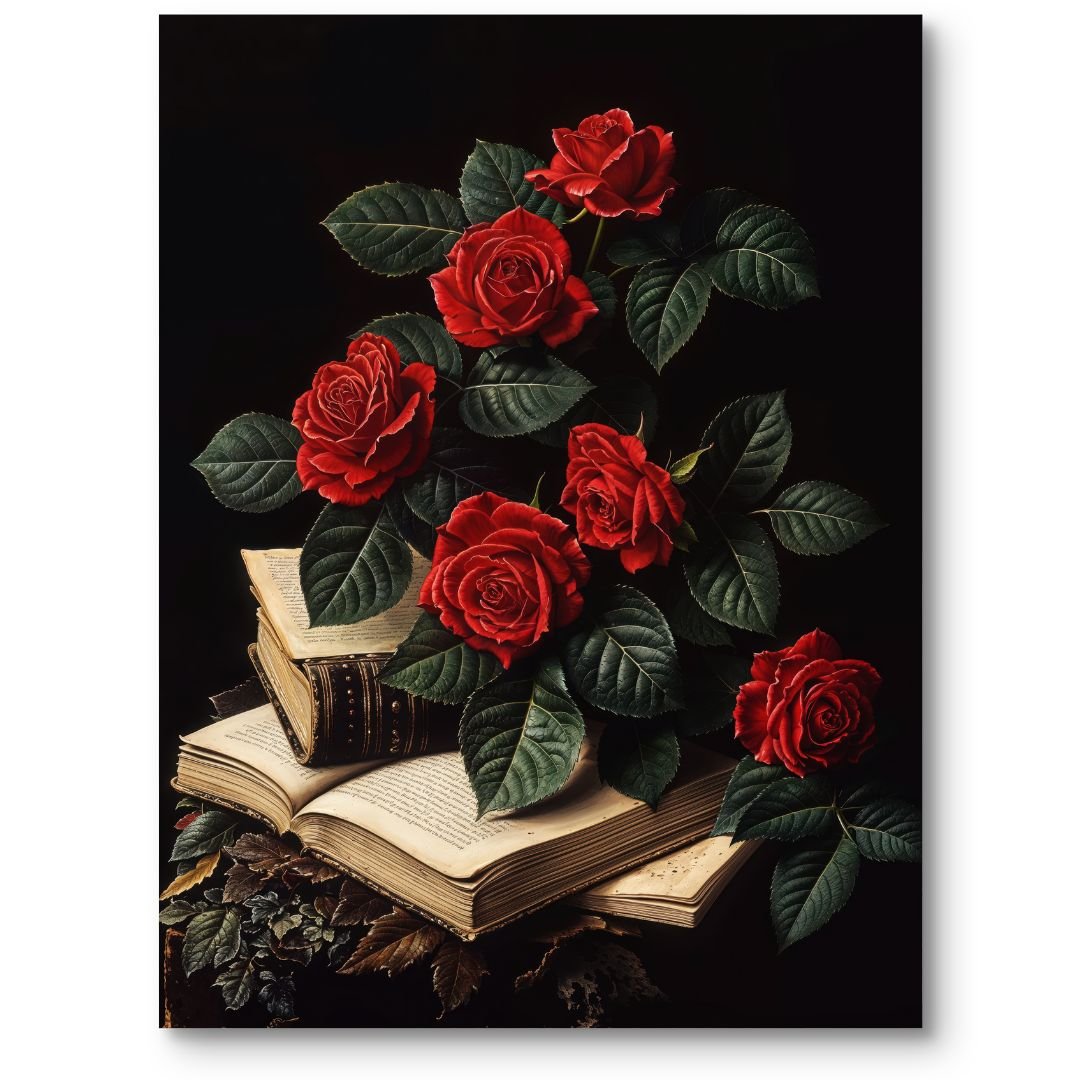 Obraz czerwone róże na książkach realistyczny do salonu sypialni ...