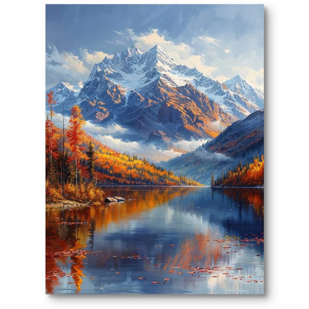 Obraz do salonu jesienny krajobraz ośnieżone góry niebiesko ...