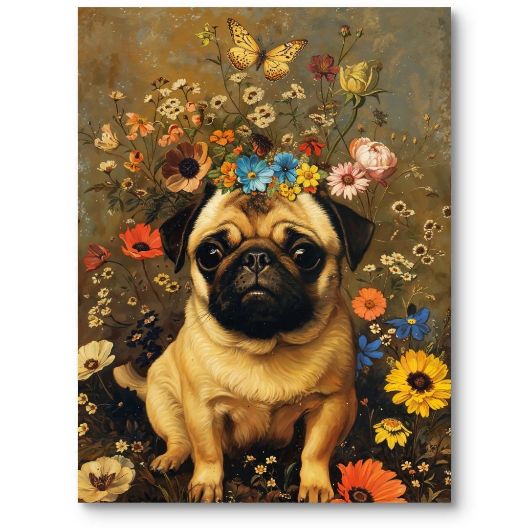 Obraz do salonu mops wśród kwiatów brązowo-żółty 50x70 cm ...