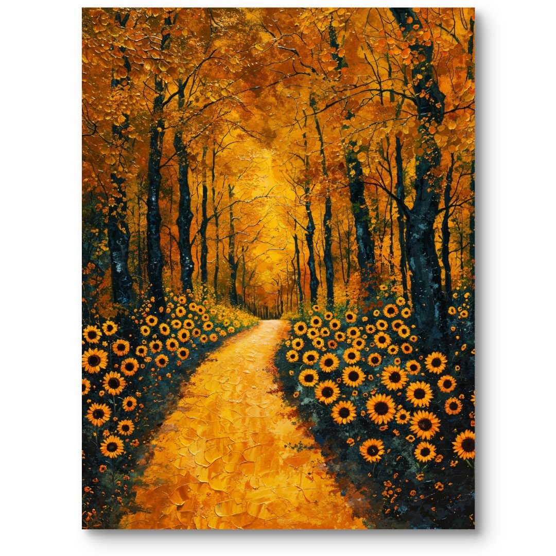 Obraz jesienny las z kwitnącymi słonecznikami do salonu żółto-zielony ...