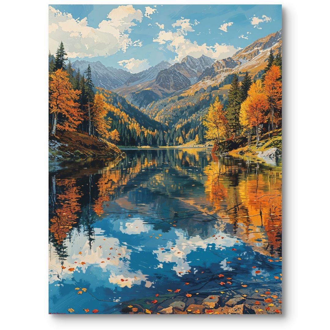 Obraz krajobraz góry jezioro jesień do salonu niebiesko-pomarańczowy ...