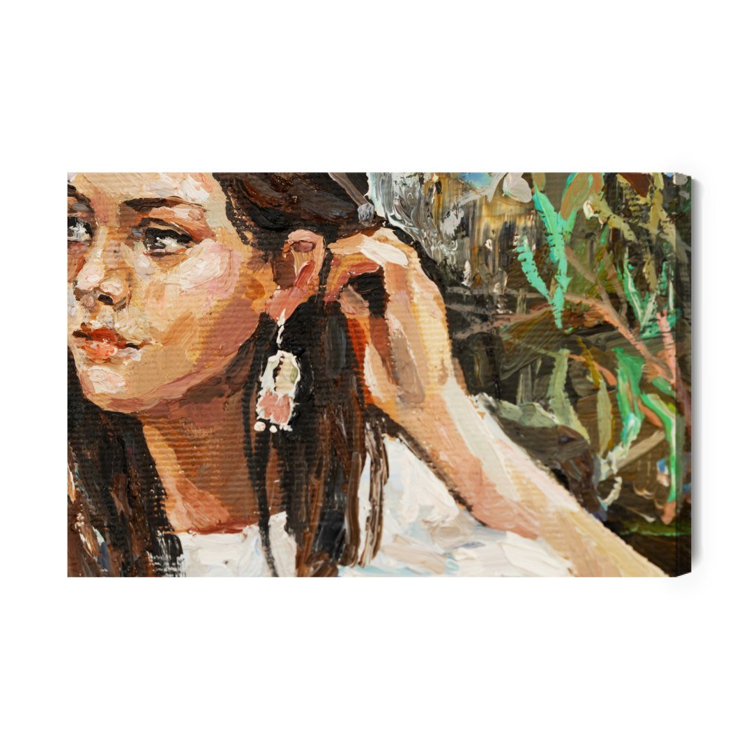 Obraz Na Płótnie A Young Girl Is Sitting In An Ethnic White Dress. The ...