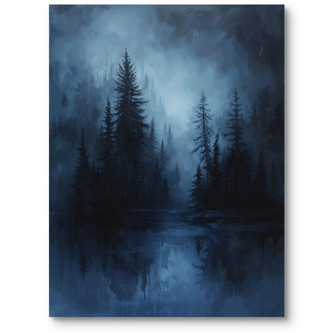 Obraz na płótnie do salonu krajobraz nocny las nad jeziorem niebiesko ...