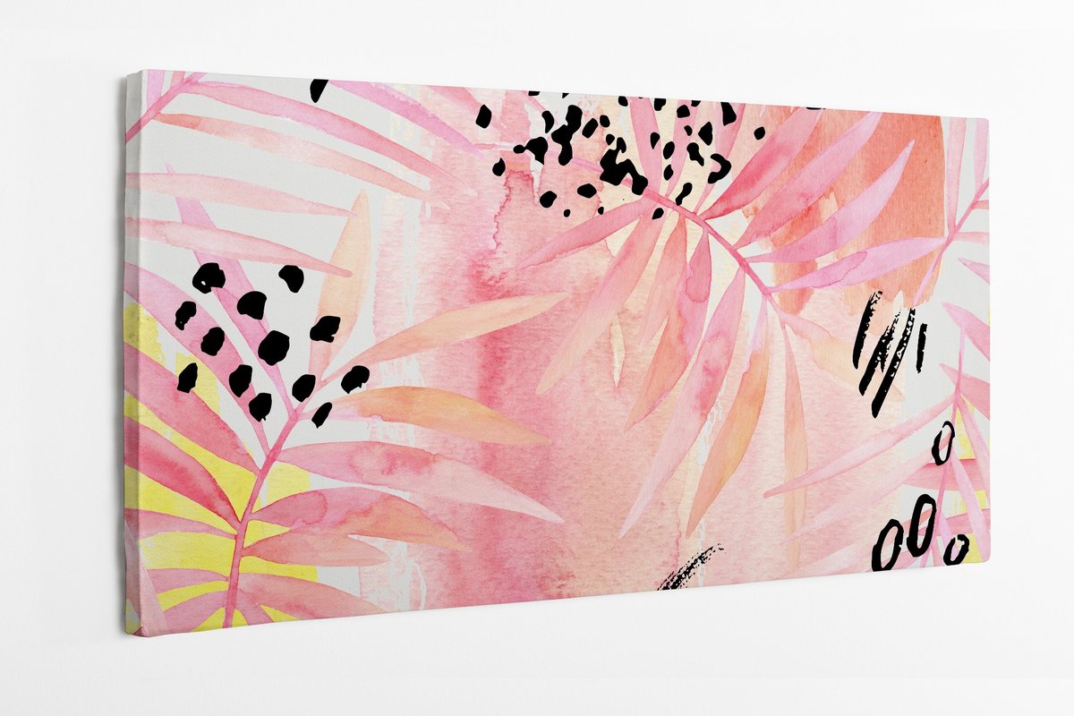 Obraz na płótnie HOMEPRINT, akwarela, różowy, liść palmowy, róż, liście ...