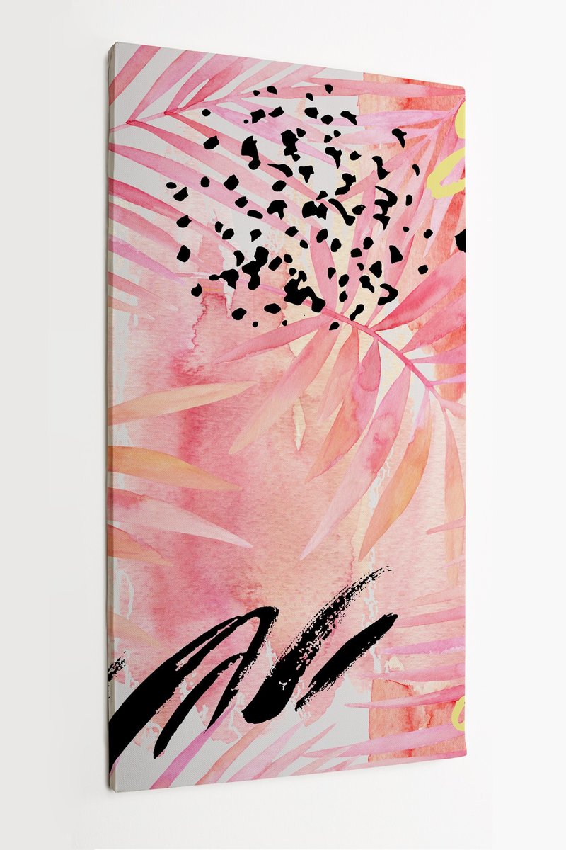 Obraz na płótnie HOMEPRINT, akwarela, różowy, liść palmowy, róż, liście ...