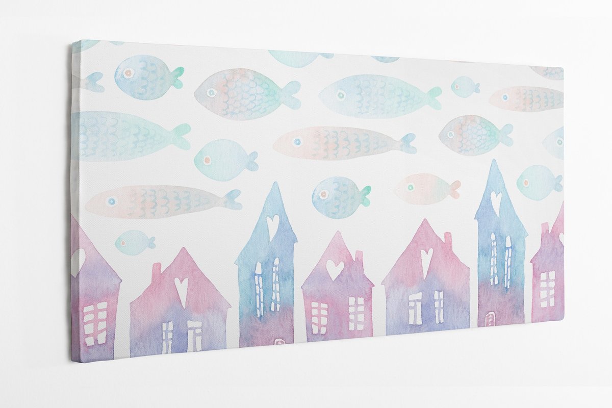 Obraz na płótnie HOMEPRINT, akwarele, kolorowe domy, ryby 100x50 cm ... Obraz na płótnie HOMEPRINT, akwarele, kolorowe domy, ryby 100x50 cm ...