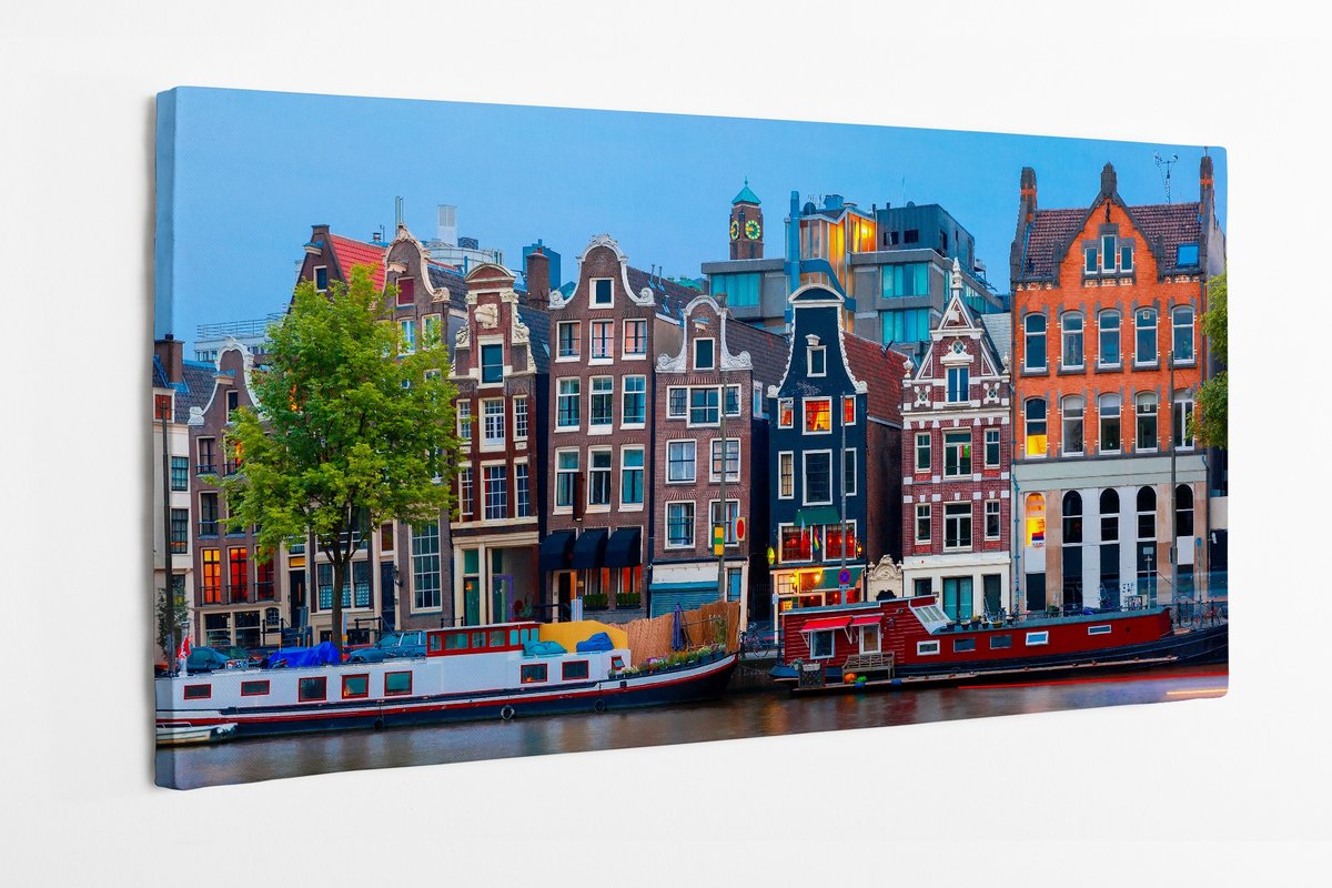 Obraz na płótnie HOMEPRINT, nocny widok, miasto, Amsterdam, kanał z ...