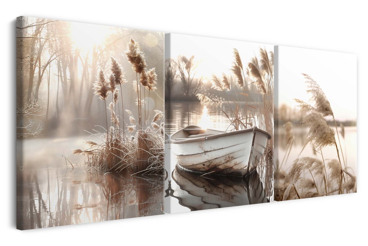 Obraz na płótnie tryptyk na ścianę do salonu łódka jezioro beżowe 60x120 - Naklejkomania | Sklep ...