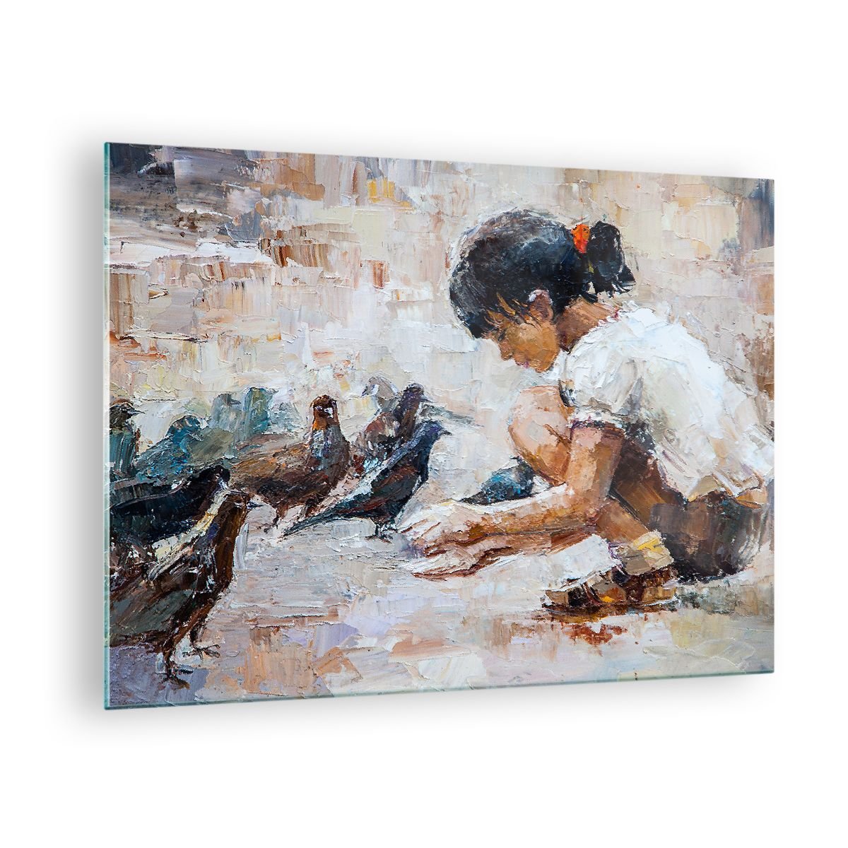 Obraz na szkle - Maluczcy i najmilsi - 70x50cm - Dziewczynka Gołębie Dla Dzieci - Nowoczesny ...