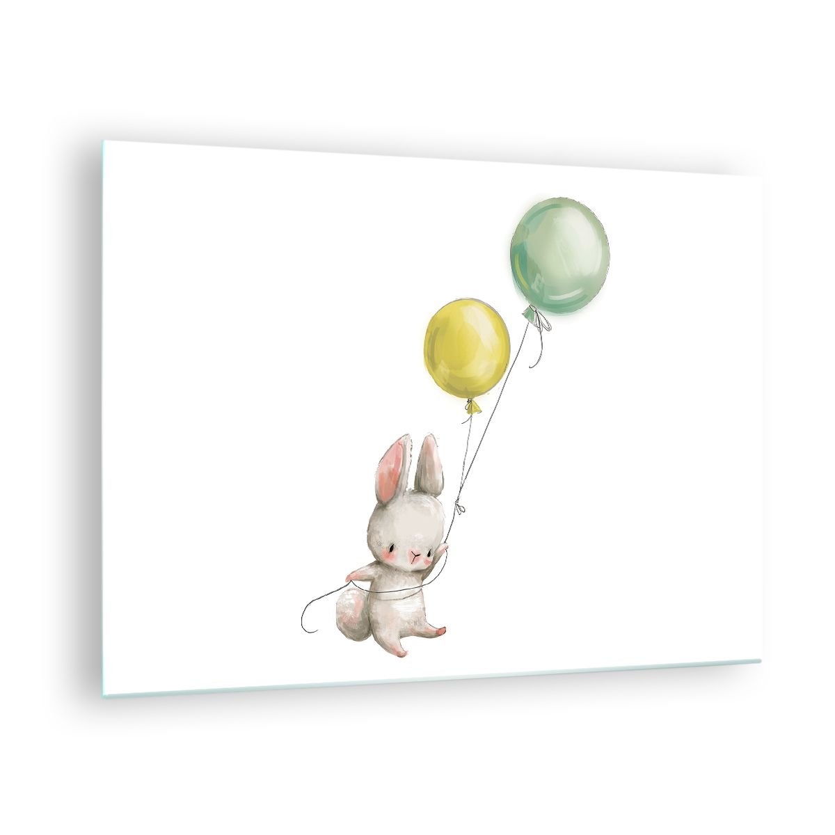 Obraz na szkle - Też polecę! - 70x50cm - Dla Dzieci Królik Kolorowe Baloniki - Nowoczesny ...