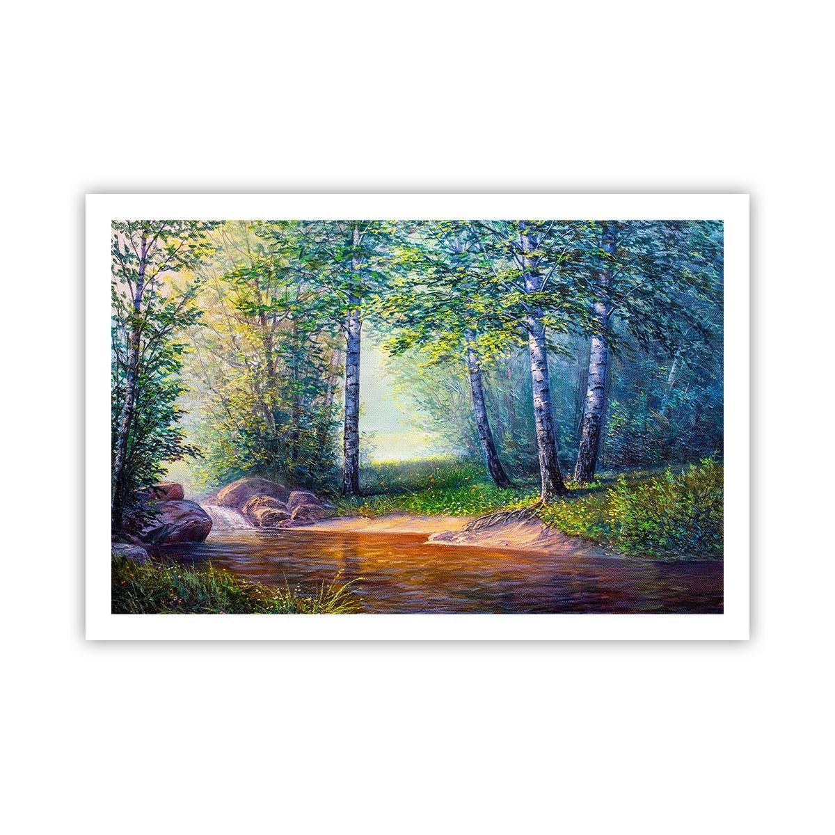 Obraz - Plakat - Sielankowa sceneria - 91x61cm - Krajobraz Las Rzeka ...