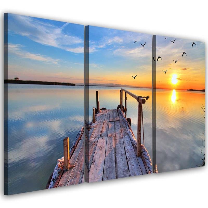 Obraz tryptyk na płótnie trzyczęściowy FEEBY, Pomost Jezioro Zachód Słońca 120x80 - Feeby ...