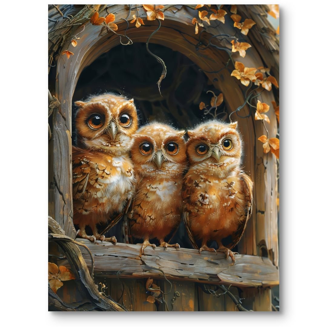 Obraz trzy sowy rustykalny do salonu brązowo-pomarańczowy 50x70 cm ...
