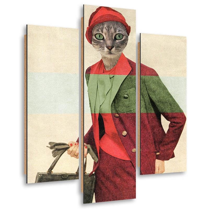 Obraz trzyczęściowy FEEBY, Kobieta w czerwonym kostiumie z głową kota surrealizm, Tryptyk typ A ...