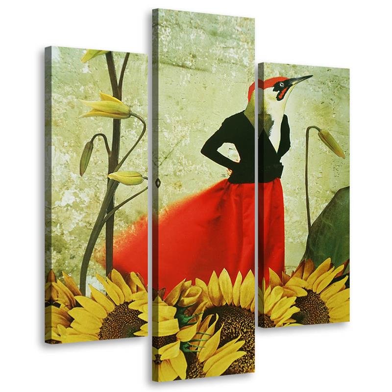 Obraz trzyczęściowy FEEBY, Surrealizm kwiaty kobieta z głową ptaka abstrakcja, Tryptyk typ A ...