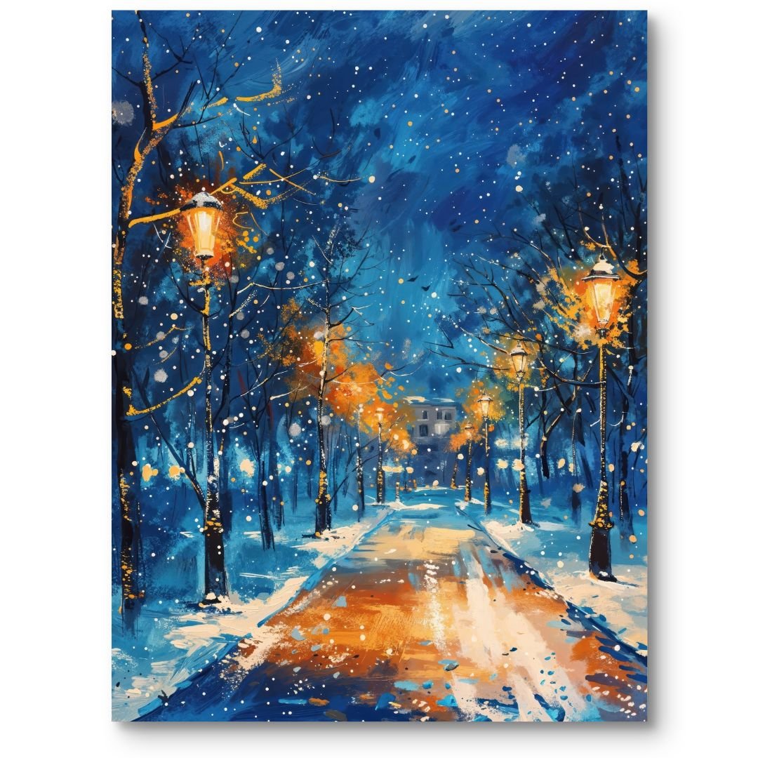 Obraz zimowa noc w parku pejzaż do salonu niebiesko-pomarańczowy 40x50 ...