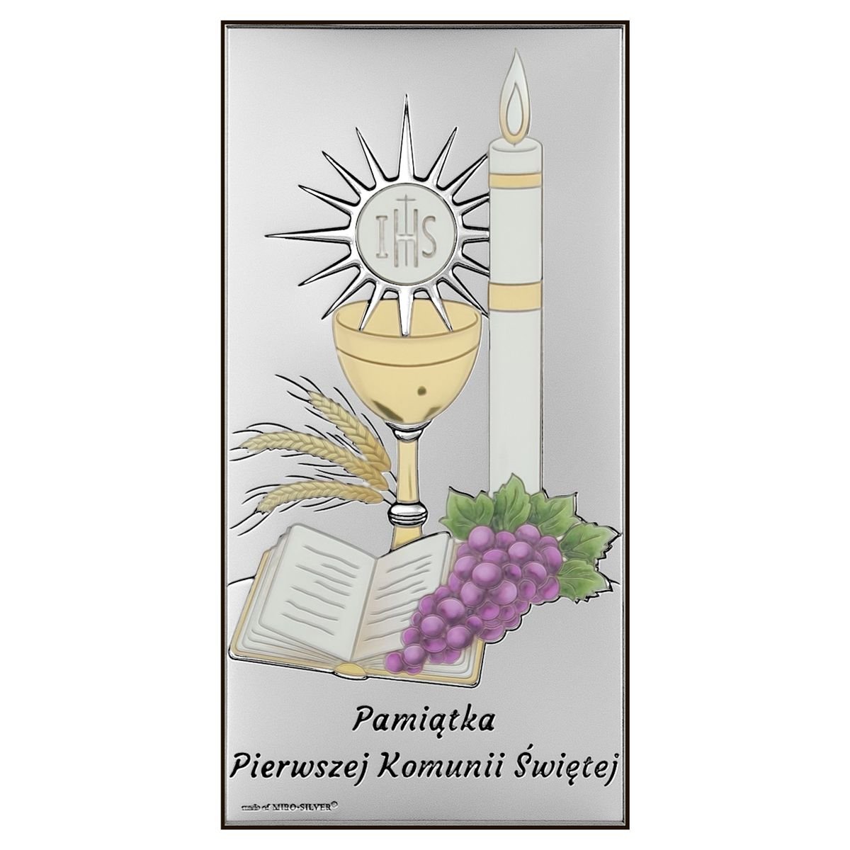 Obrazek na komunię świętą srebrny pamiątka pierwszej komunii z grawerem kolor | Rozmiar: 6x12 cm ...