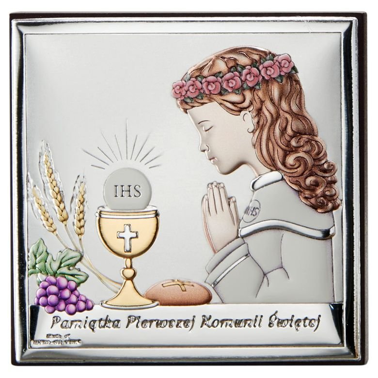 Obrazek na komunię świętą srebrny z grawerem pamiątka pierwszej komunii ...