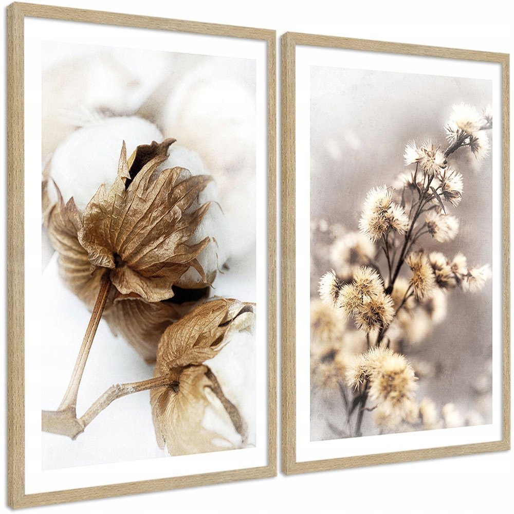 Obrazy BOHO do pokoju Beżowe Trawy 2 sztuki + RAMA kolor jasny dąb ...