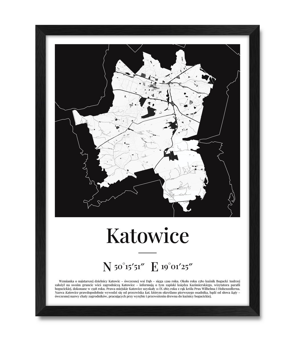 Obrazy plakaty kartograficzne geograficzne na ścianę mapa plan Katowic Katowice czarna rama ...