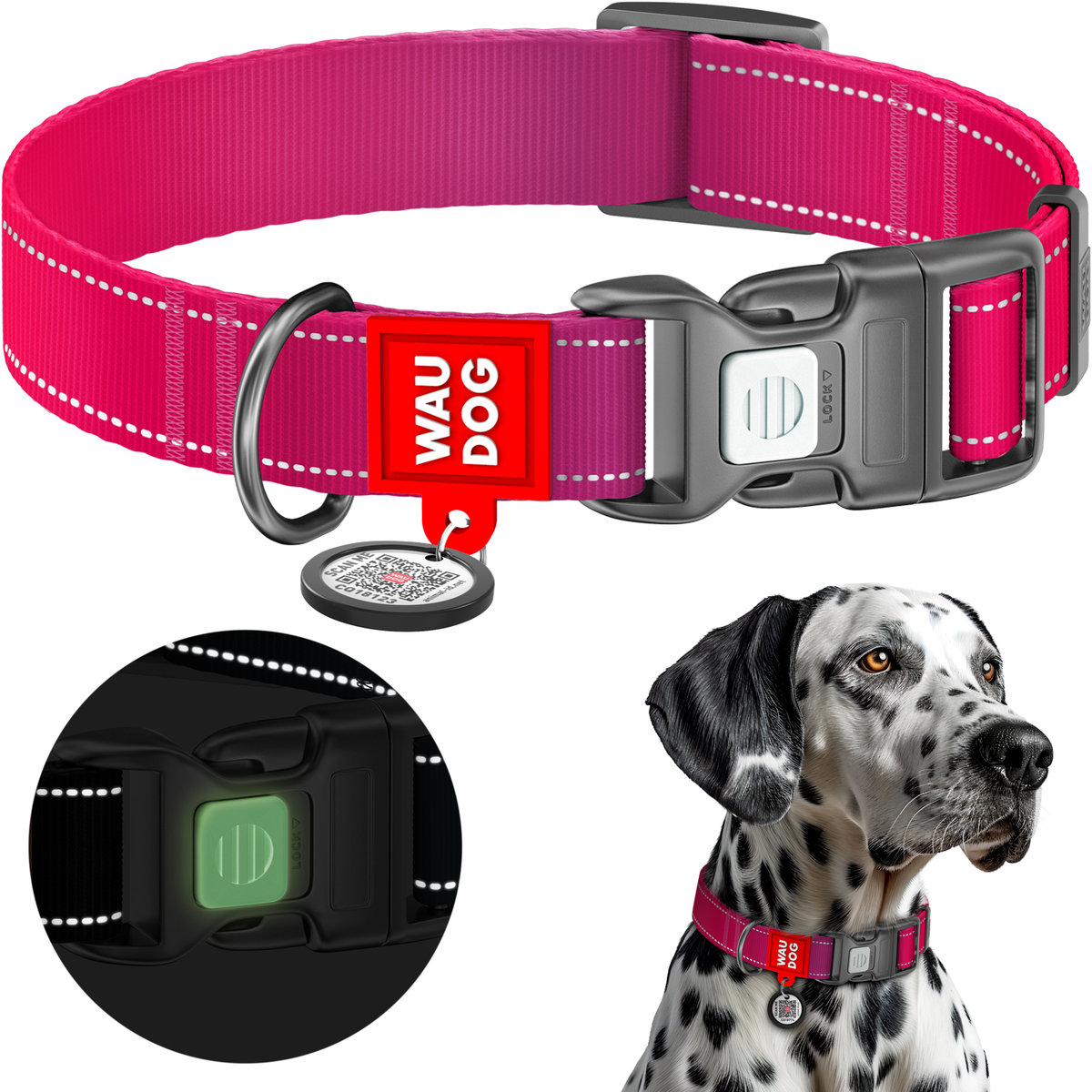 Obroża dla psa nylonowa waudog nylon mono z paszportem qr, odblaskowa, plastikowy fastex, różowa ...