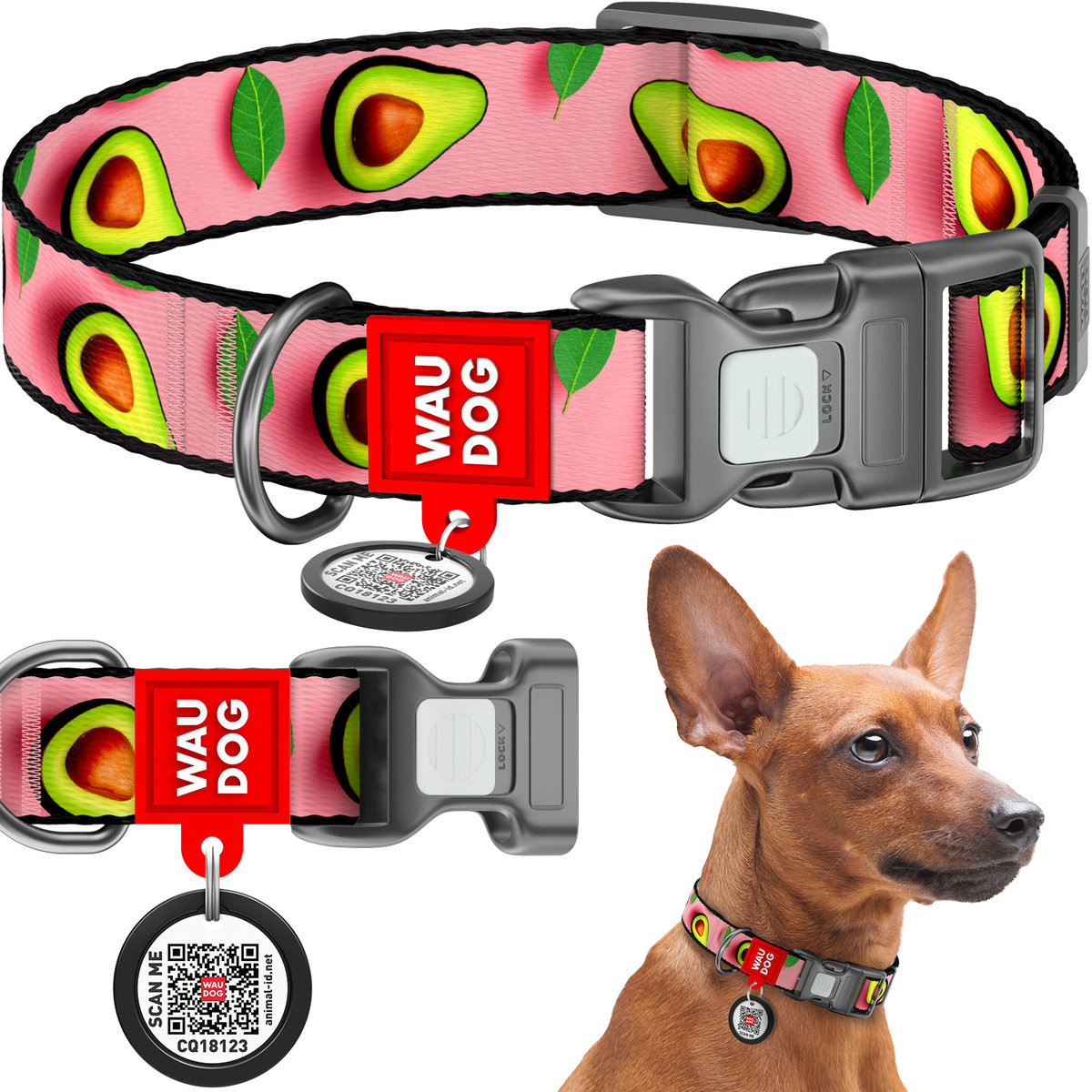 Obroża dla psa nylonowa WAUDOG Nylon z paszportem QR, rysunek "Awokado na różowo", rozmiar M, 28 ...