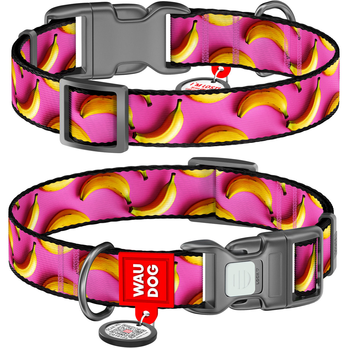Obroża dla psa nylonowa WAUDOG Nylon z paszportem QR, rysunek "Banany na różowo", rozmiar M, 28 ...