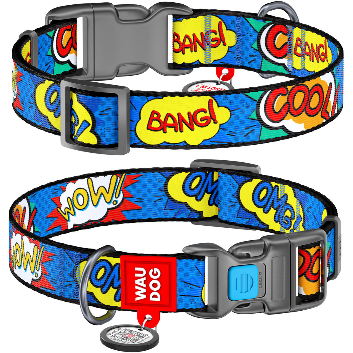 Obroża dla psa nylonowa WAUDOG Nylon z paszportem QR, rysunek "WOW ...