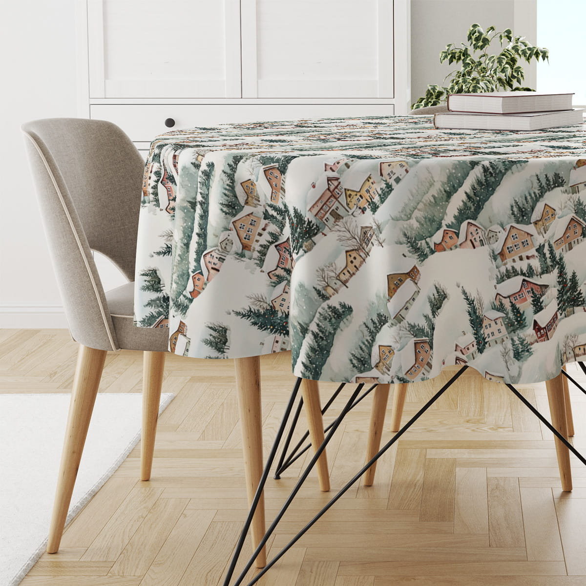 Obrus okrągły WINTER wzór BN78 | Zimowe domki średnica 150 cm ...