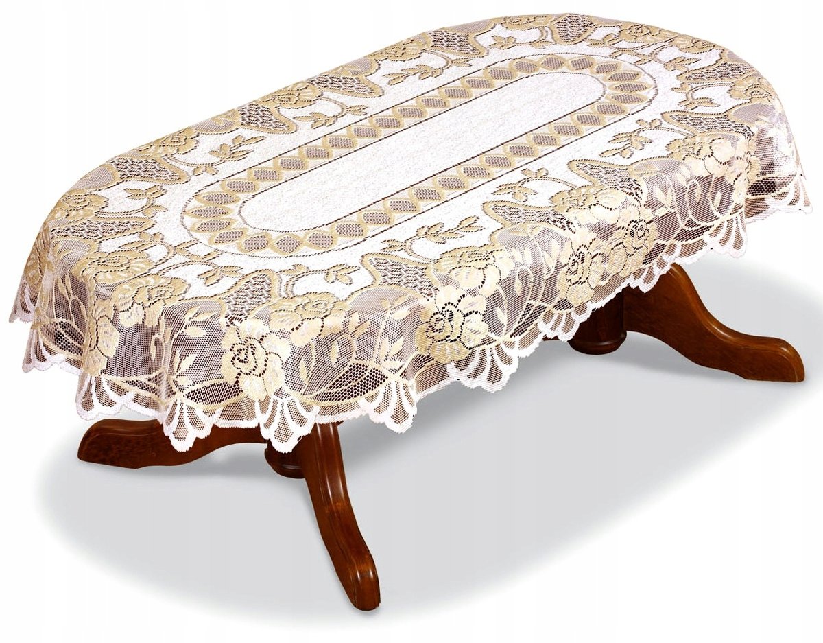 Obrus żakardowy wzór 20260 śr. 140cm koło k. krem / złoty, gruba ...