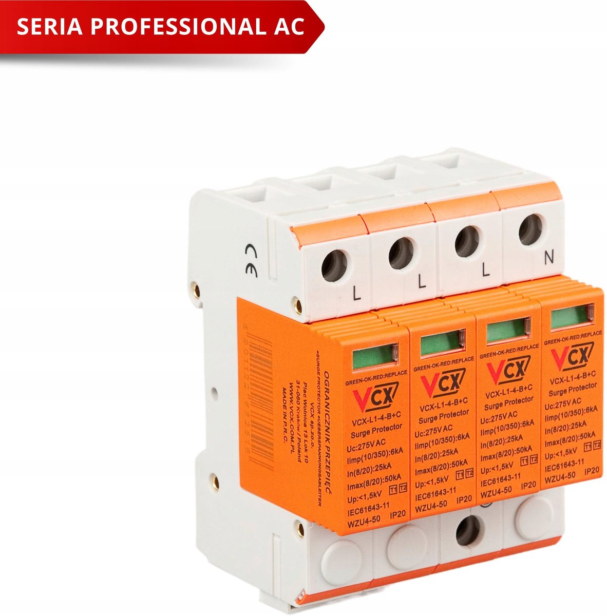 Ogranicznik przepięć klasy B+C 4P (T1T2) 6kA VCX Professional - VCX ...