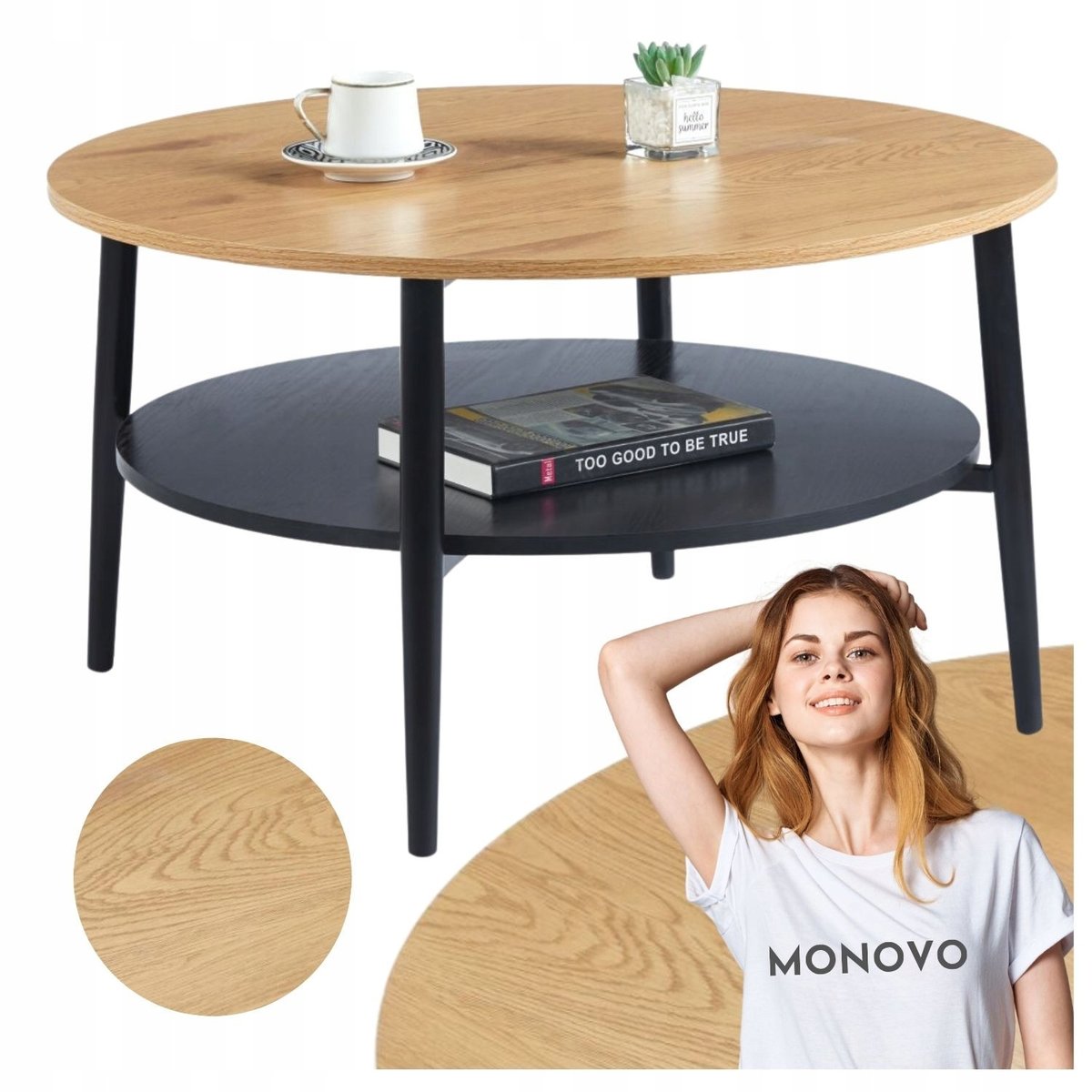 Okrągła Stolik Kawowy do Salonu 80cm Ława Dąb Naturalny Metalowe Nogi CODDI - MONOVO | Sklep ...