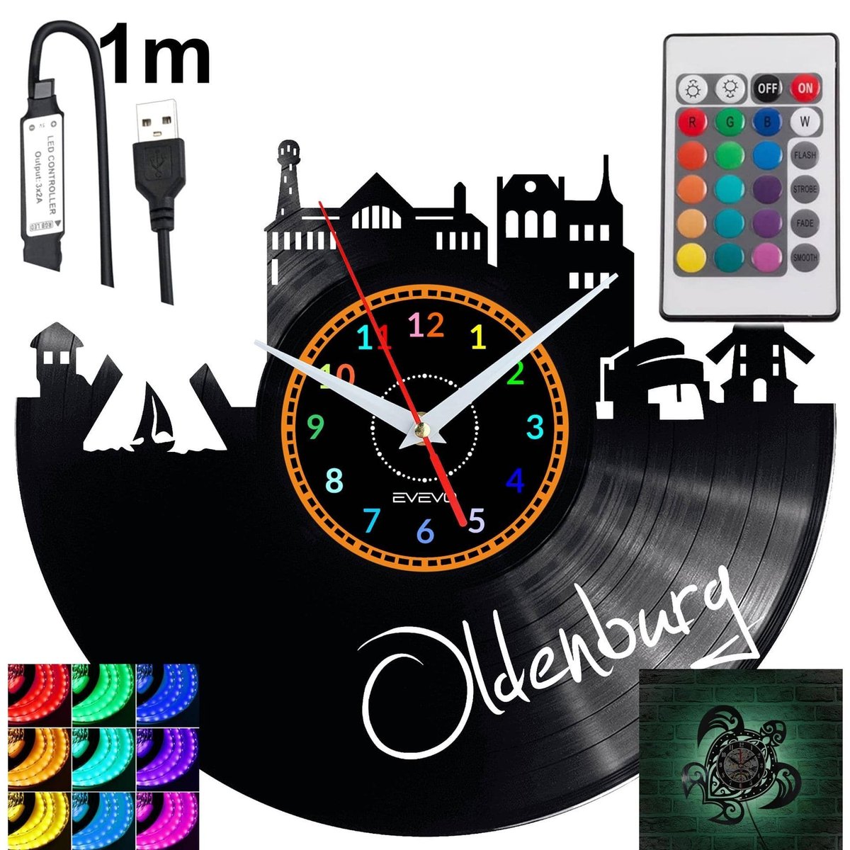 Oldenburg Zegar Ścienny Podświetlany LED RGB Na Pilota Płyta Winylowa ...