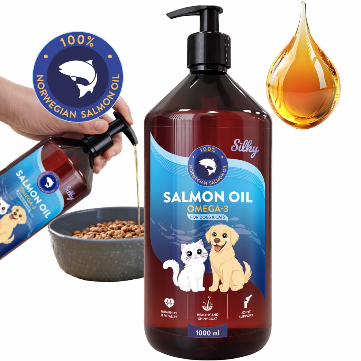 Olej z łososia NORWESKIEGO dla psa i kota Omega-3 i 6 SILKY 1L - Silky ...