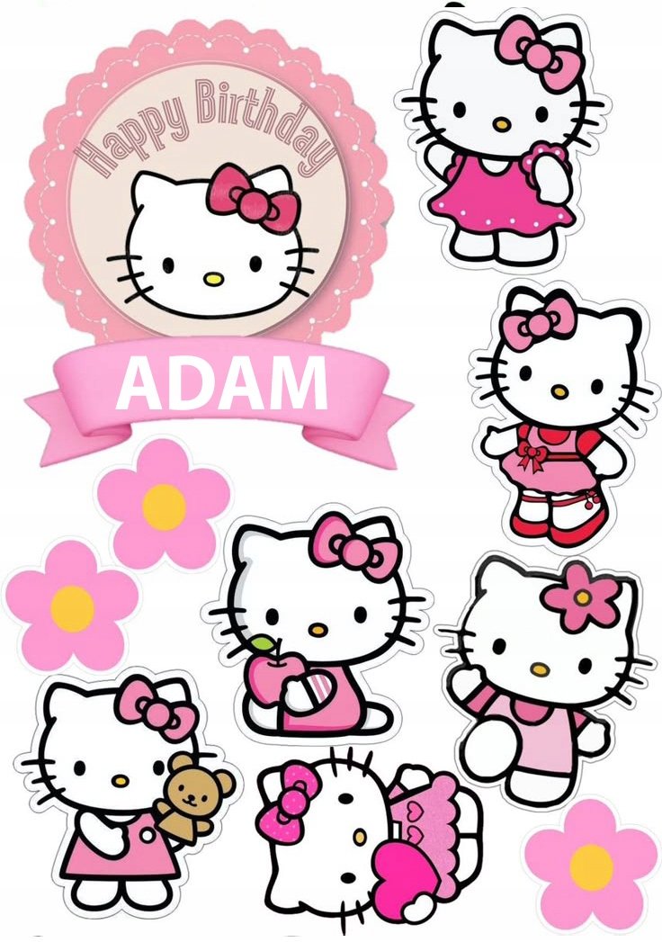 OPŁATEK NA TORT Wydruk Dekoracja HELLO KITTY KOTEK ZESTAW +IMIĘ 17 ...