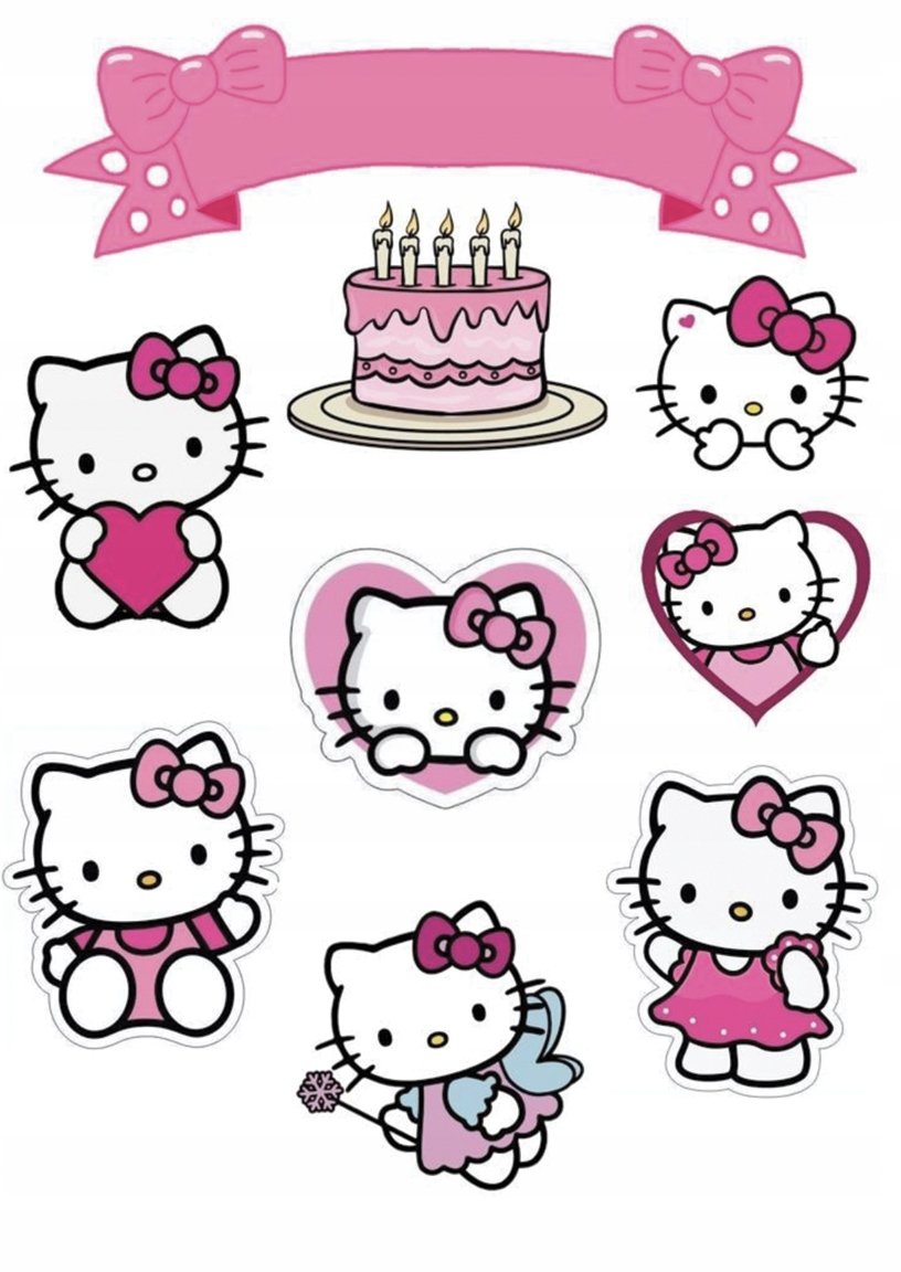 OPŁATEK NA TORT Wydruk Jadalny Hello Kitty Kotek Kot ZESTAW + IMIĘ 61 ...