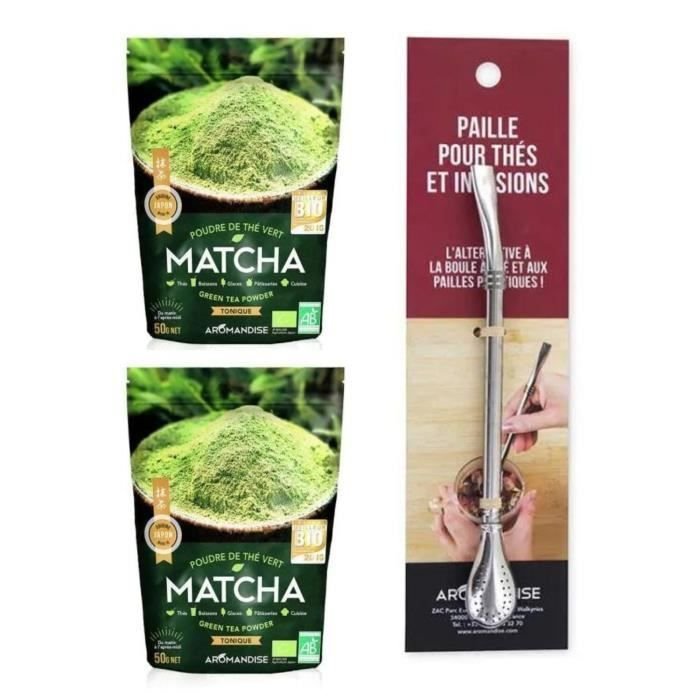 Organiczna zielona herbata Matcha w proszku 100 g + słomka ze stali ...