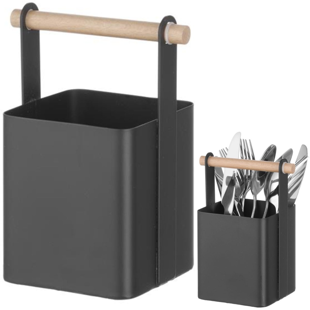 Organizer koszyk stołowy na sztućce z drewnianą rączką 14x10.5x19 cm ...