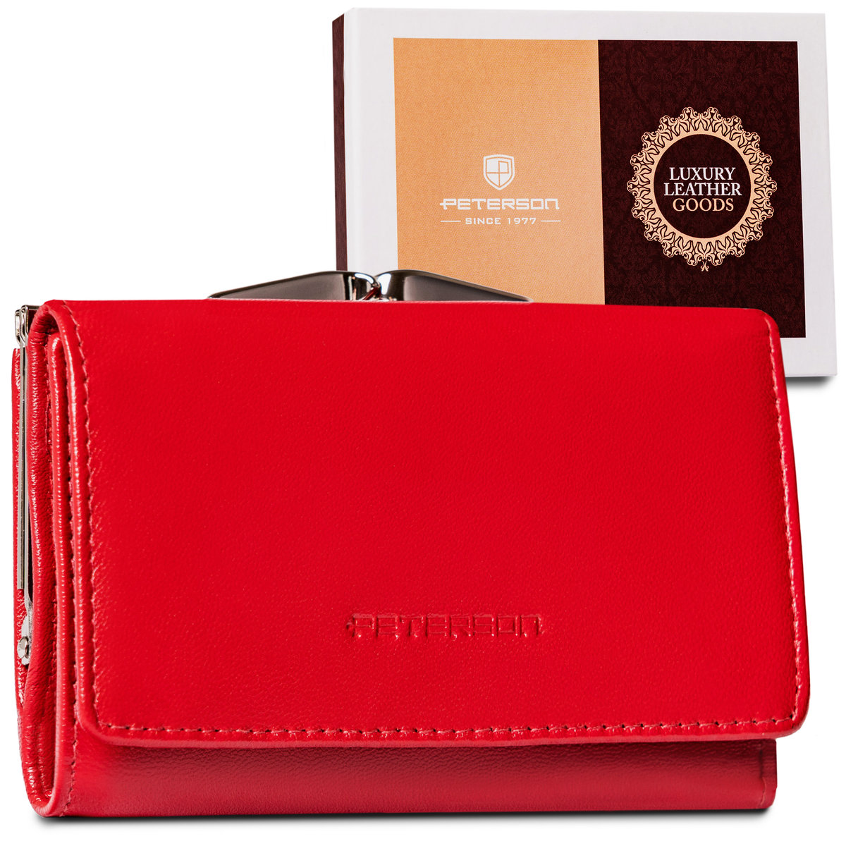 Oryginalny portfel skórzany damski PETERSON średni na bigiel czerwony ...