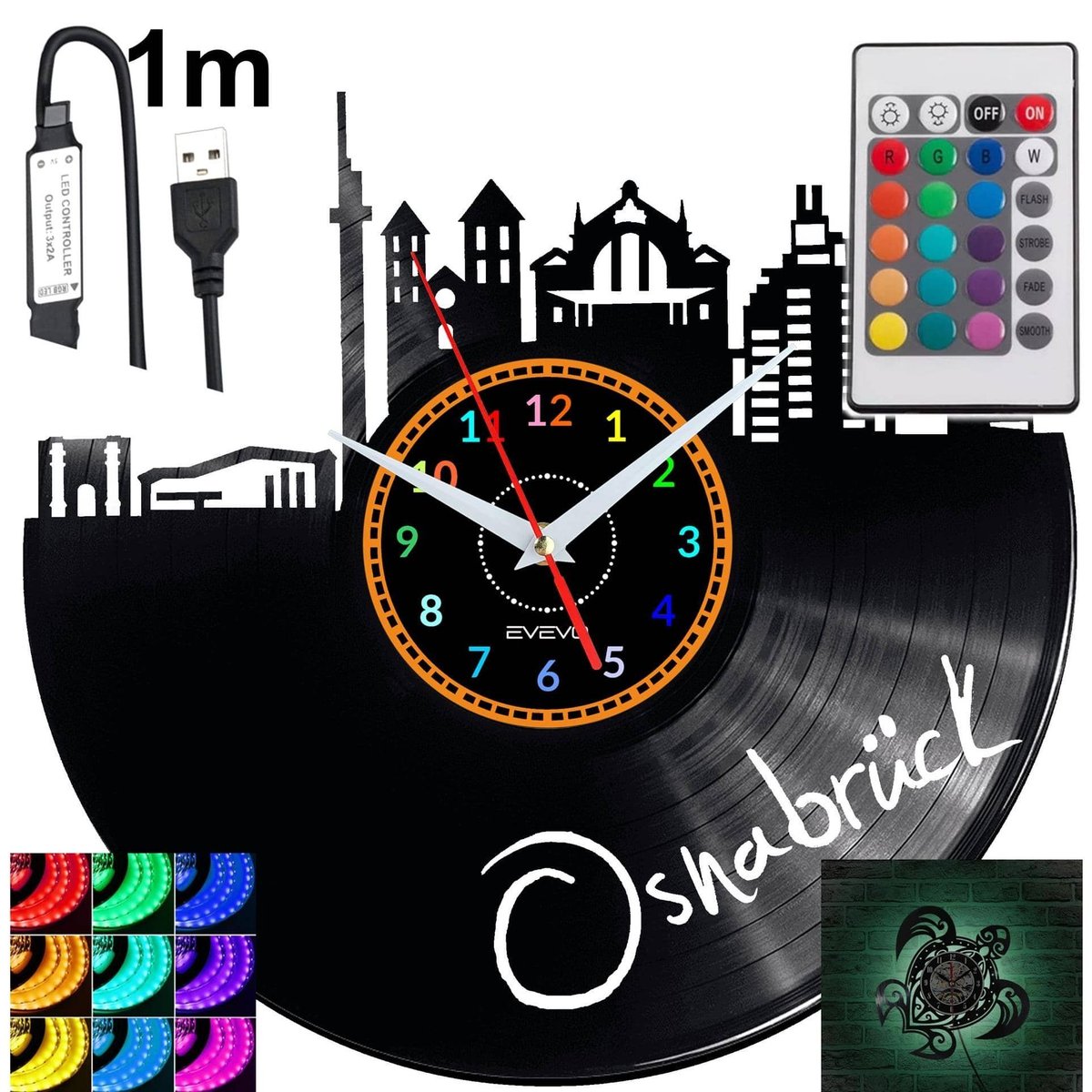 Osnabruck Zegar Ścienny Podświetlany LED RGB Na Pilota Płyta Winylowa ...