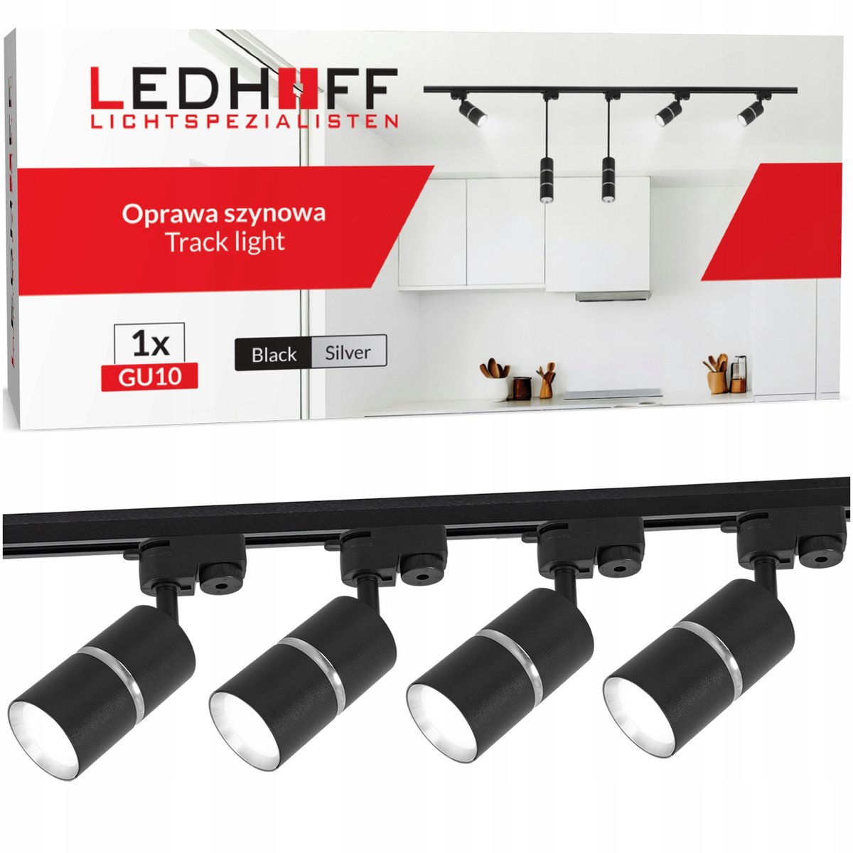 Oświetlenie szynowe listwa 1m + 4x reflektor GU10 CZARNA srebrna Lampa ...