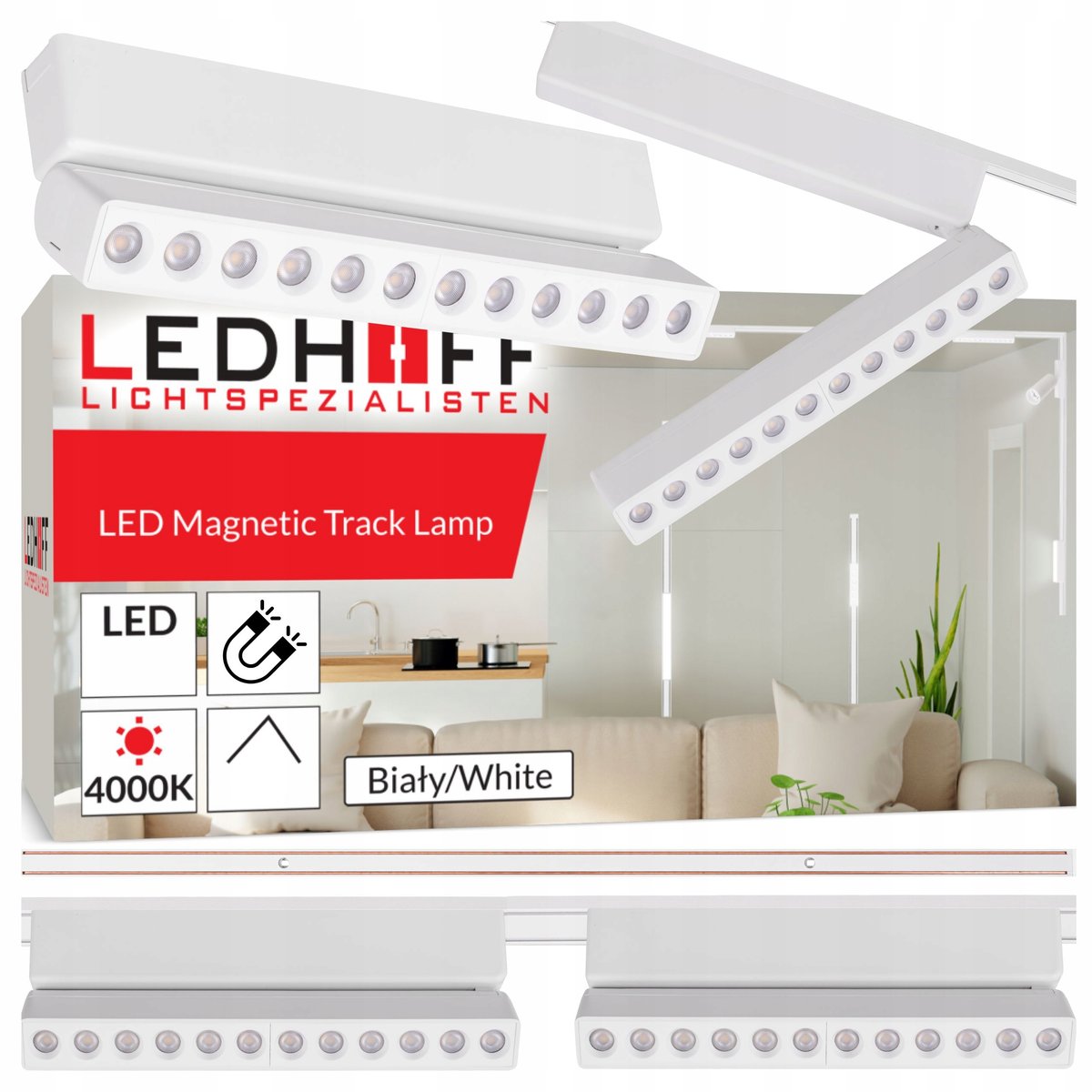 Oświetlenie szynowe magnetyczne SZYNA biała 1m 2x lampa LED reflektor ...