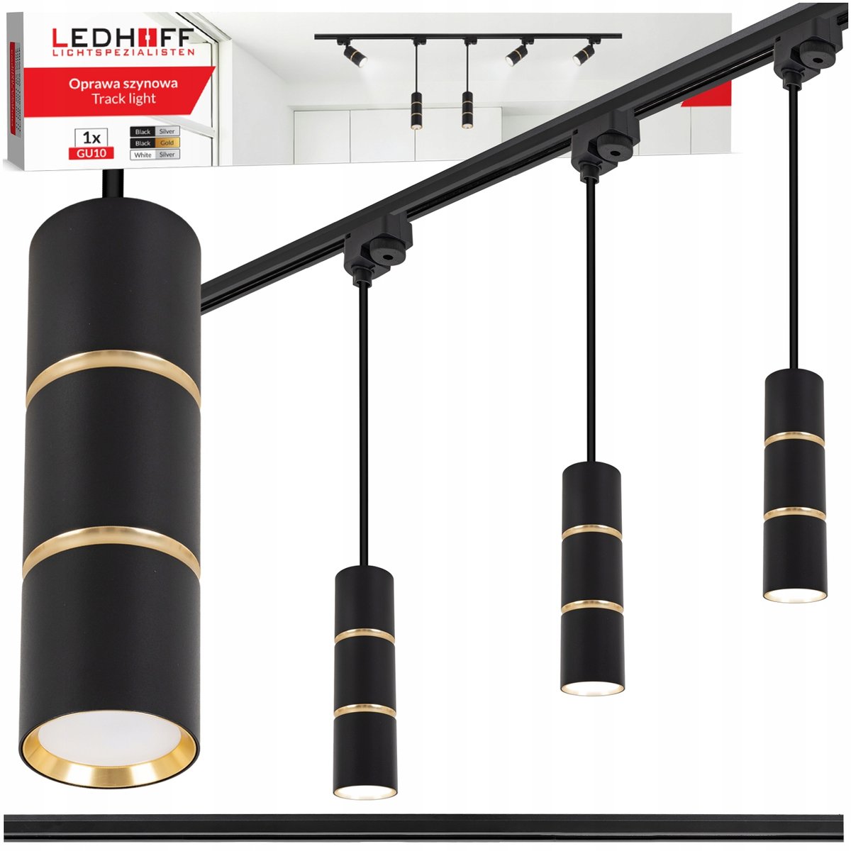 Oświetlenie szynowe SZYNA 1m + 3x lampa wisząca LED TUBA GU10 czarna ...