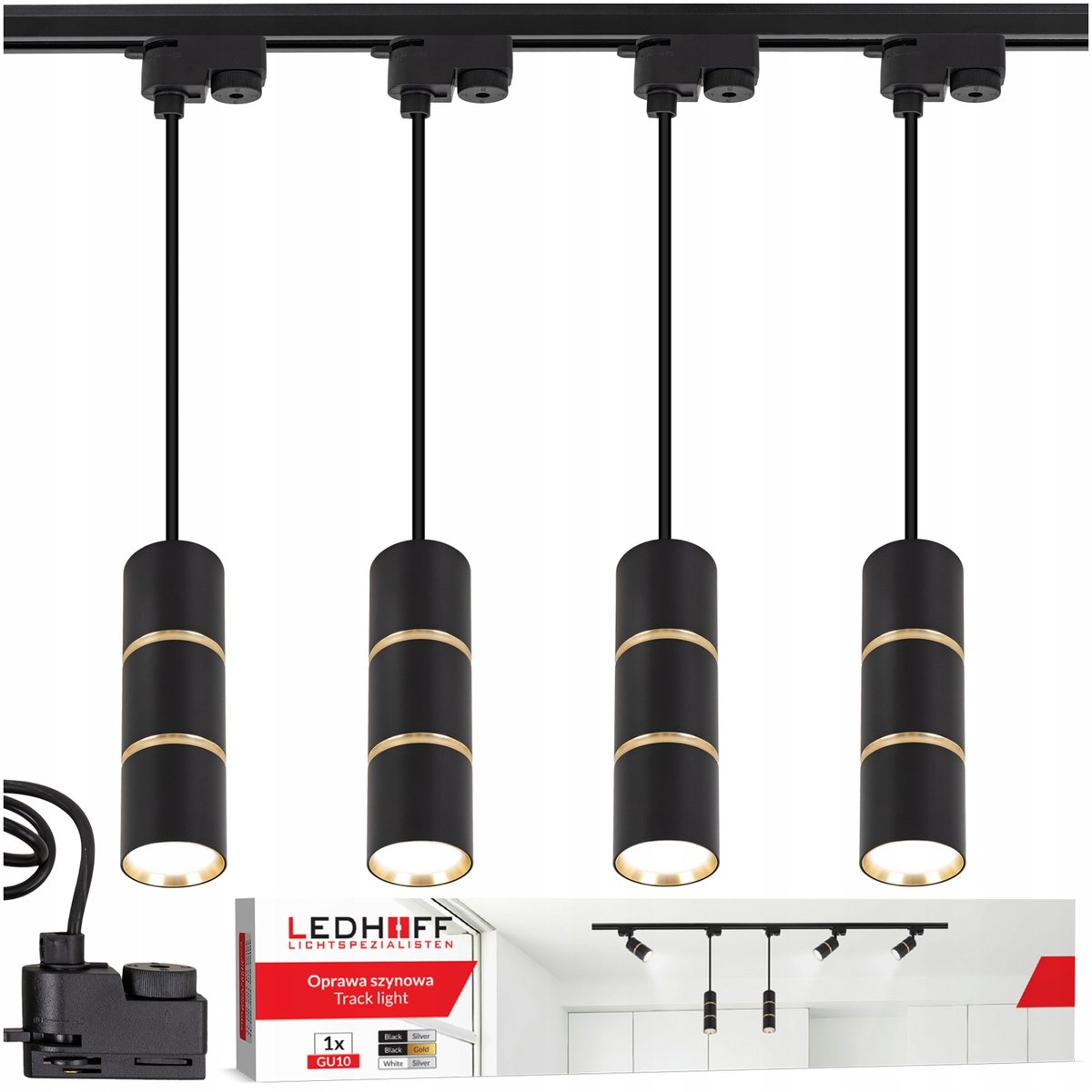 Oświetlenie szynowe SZYNA 1m + 4x lampa wisząca LED TUBA GU10 czarna ...