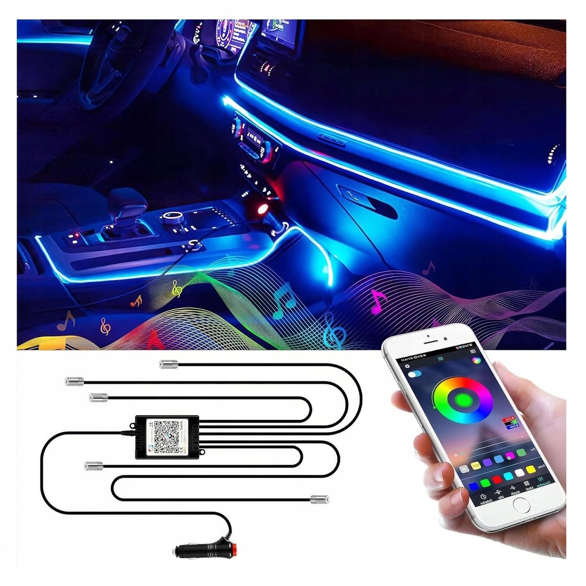 Oświetlenie wnętrza samochodu LED 6m Wilktop bluetooth zestaw - Inna marka | Motoryzacja EMPIK