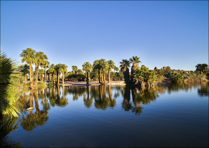Palm-lined pond in Papago Park, a mountainside park in the middle of ...