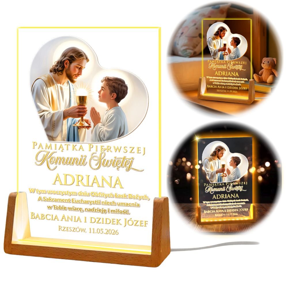 PAMIĄTKA KOMUNIA STATUETKA Lampka LED obraz PREZENT NA KOMUNIĘ ŚWIĘTĄ ...