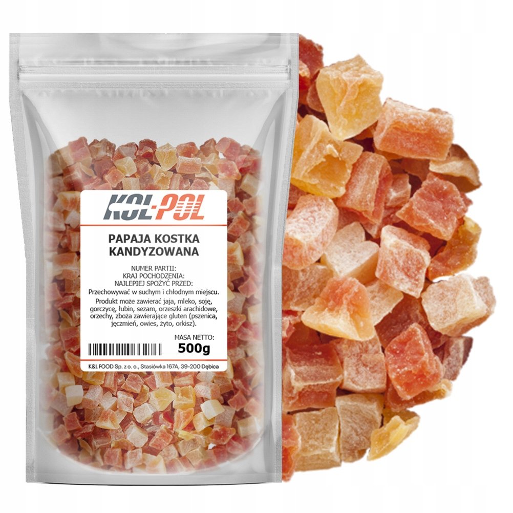 PAPAJA KANDYZOWANA KOSTKA 500g Suszona w kostkach słodka przekąska Kol ...